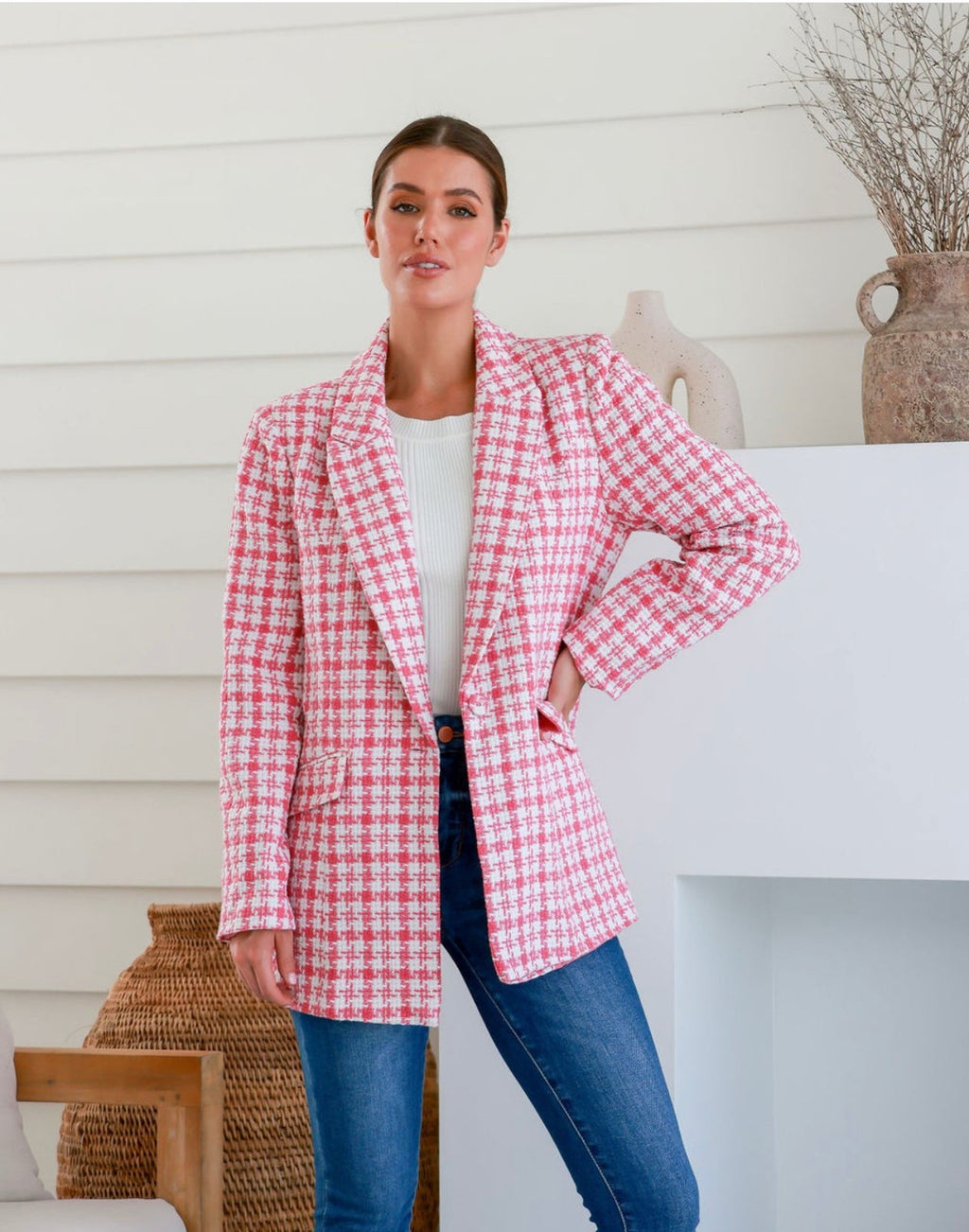 Pia Blazer - Pink Houndstooth – CUT Clothing NZ